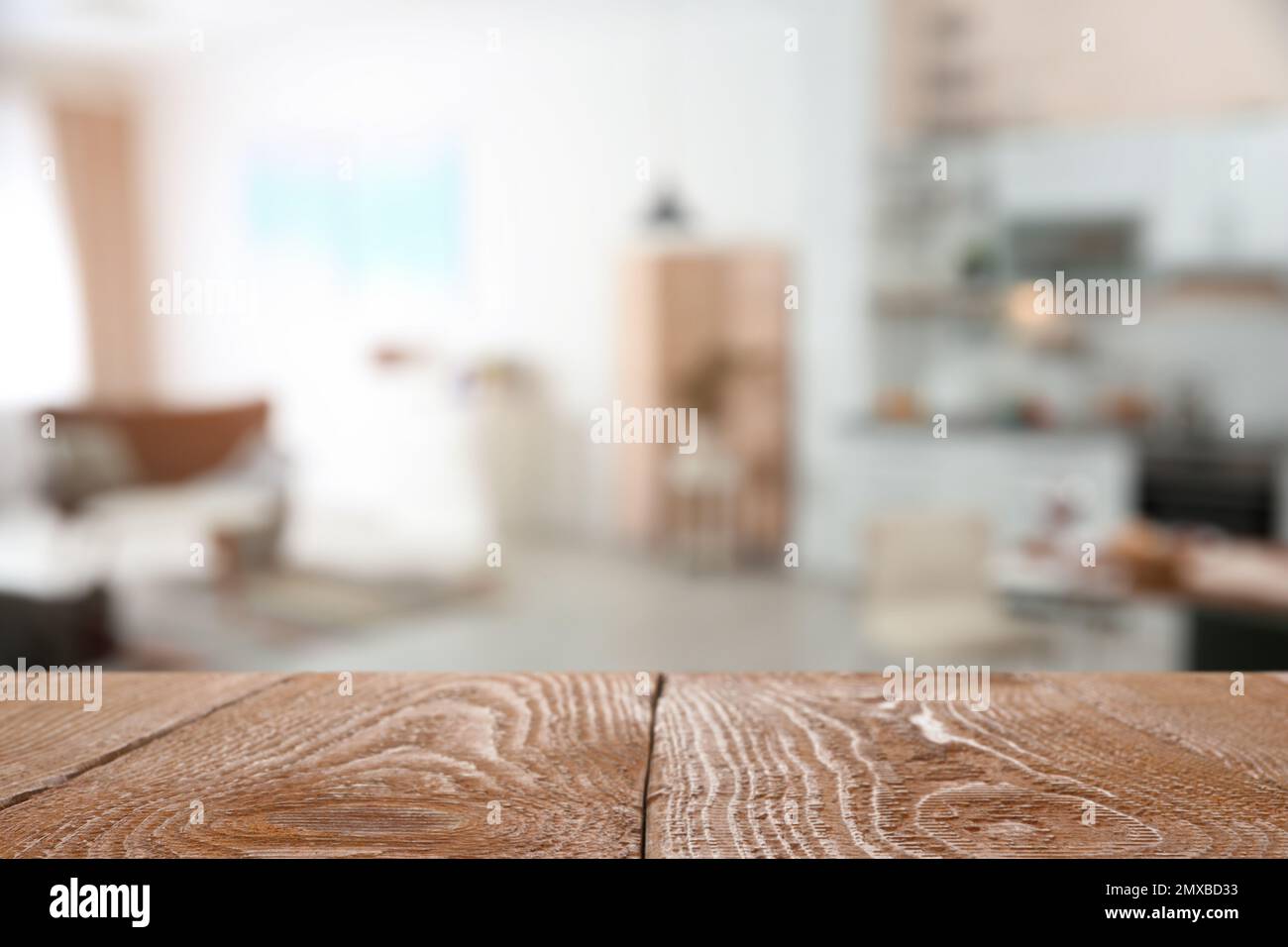Empty wooden table in modern kitchen interior Stock Photo - Alamy
