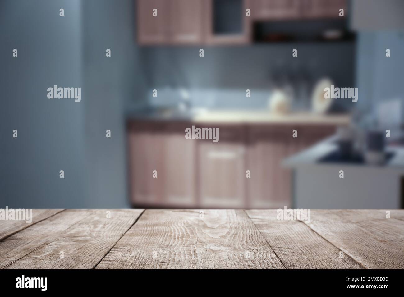 Empty wooden table in modern kitchen interior Stock Photo - Alamy