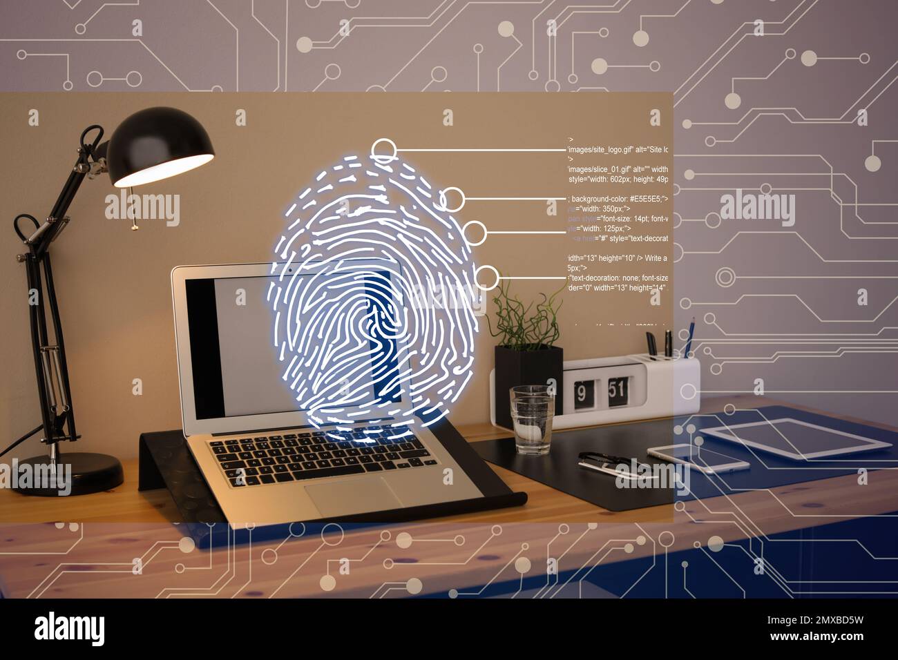 Fingerprint identification. Modern laptop and devices on table indoors ...