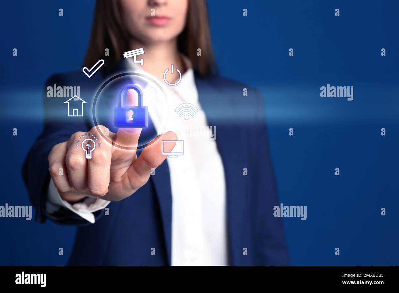 Home security concept. Woman touching digital lock symbol, closeup ...