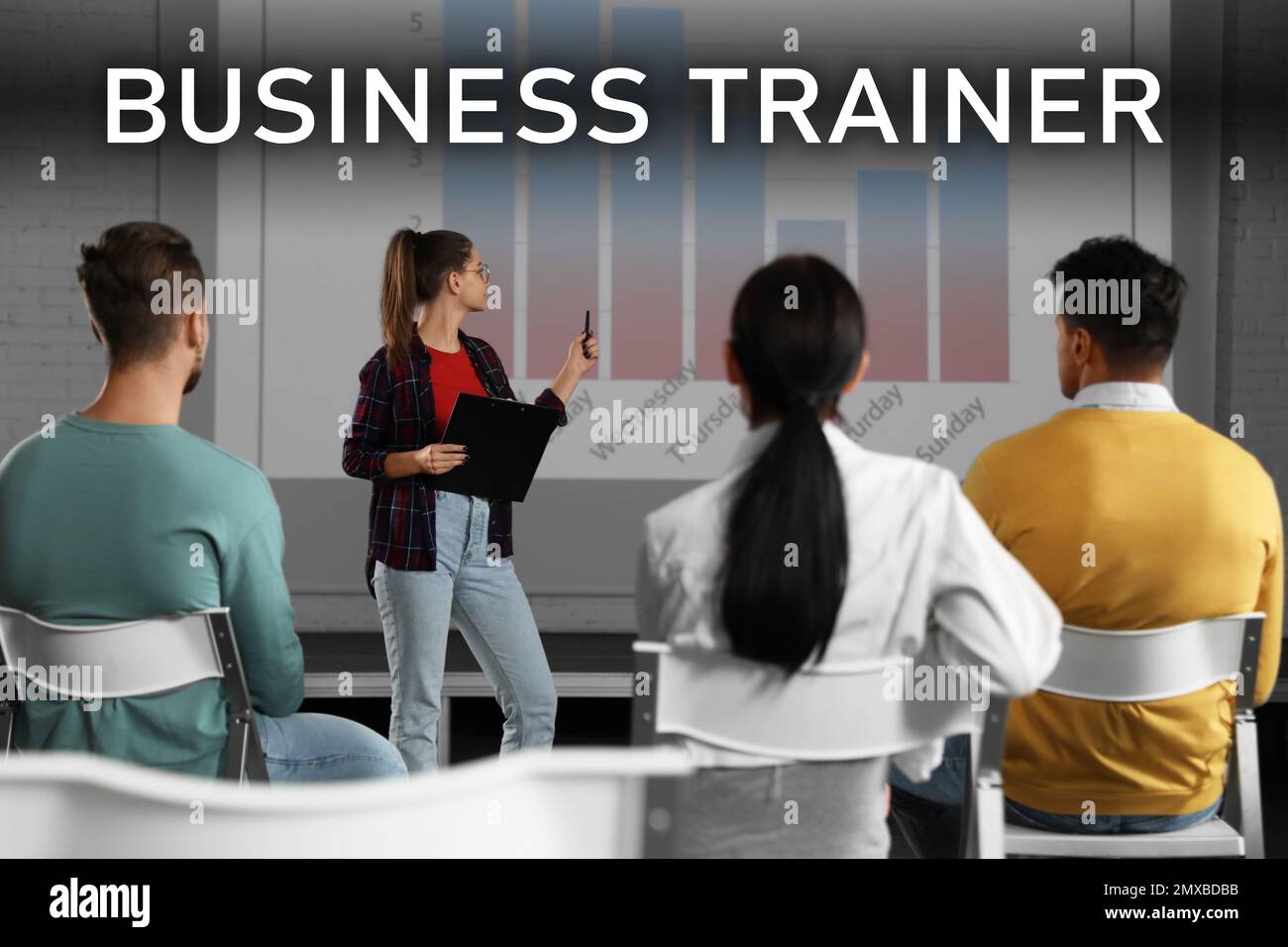 Professional business trainer giving lecture in conference room with ...