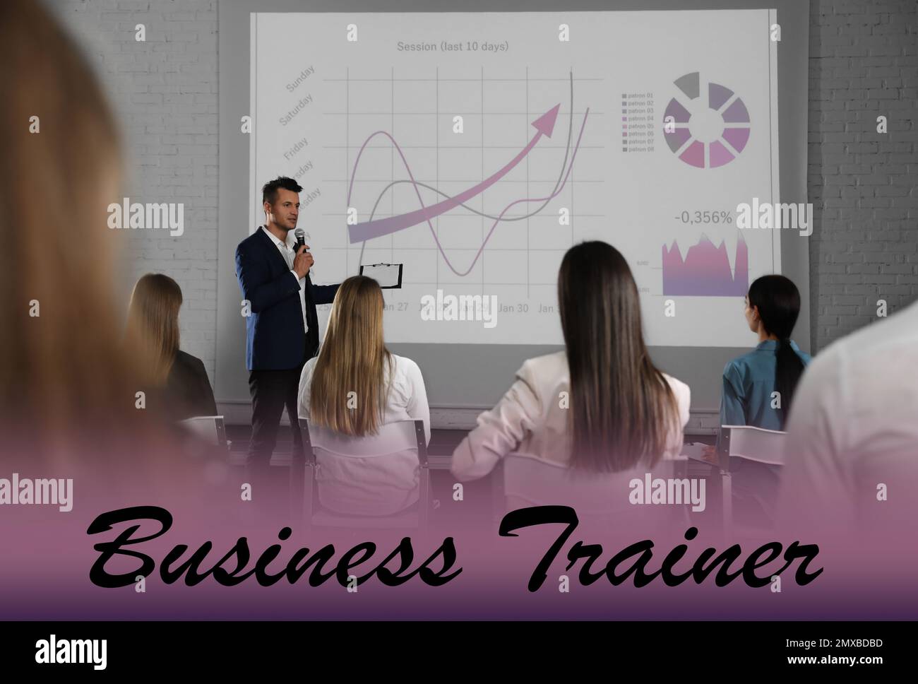 Professional business trainer giving lecture in conference room with ...