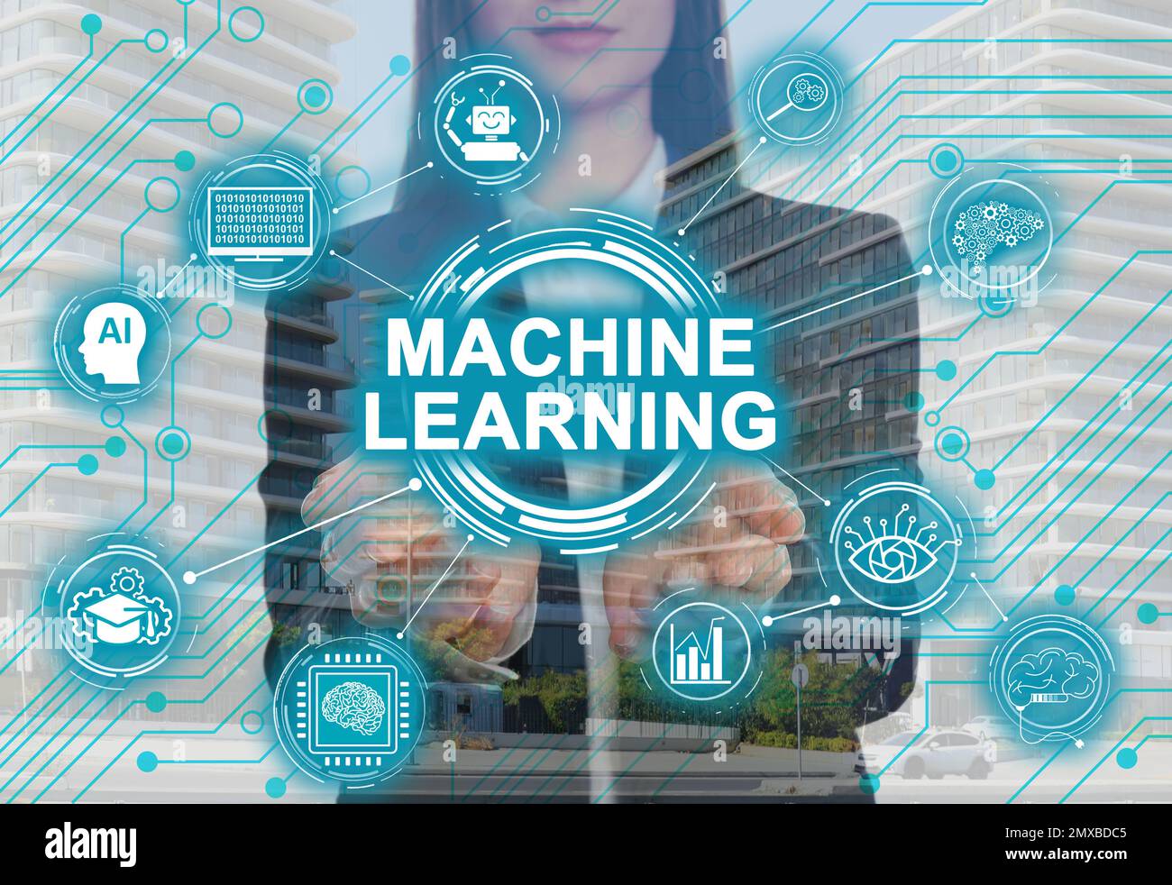 Woman demonstrating machine learning model with linked icons and ...