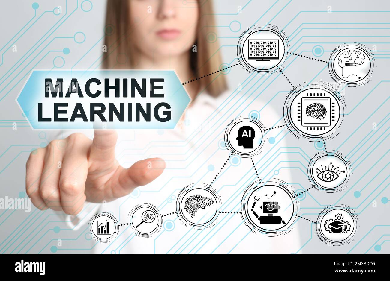 Woman touching icon on virtual screen, closeup. Machine learning ...
