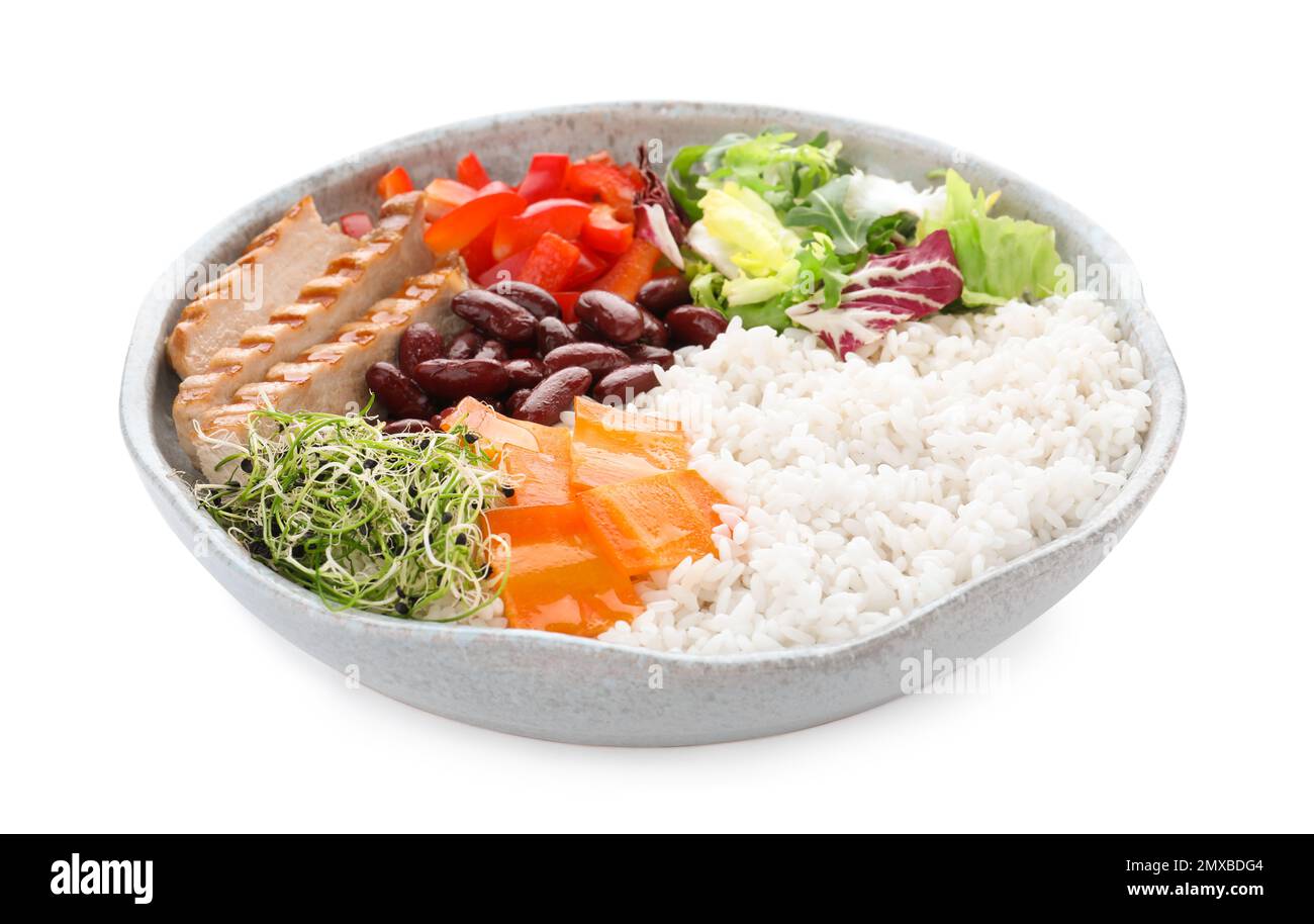 Tasty rice with beans, vegetables and meat isolated on white Stock ...