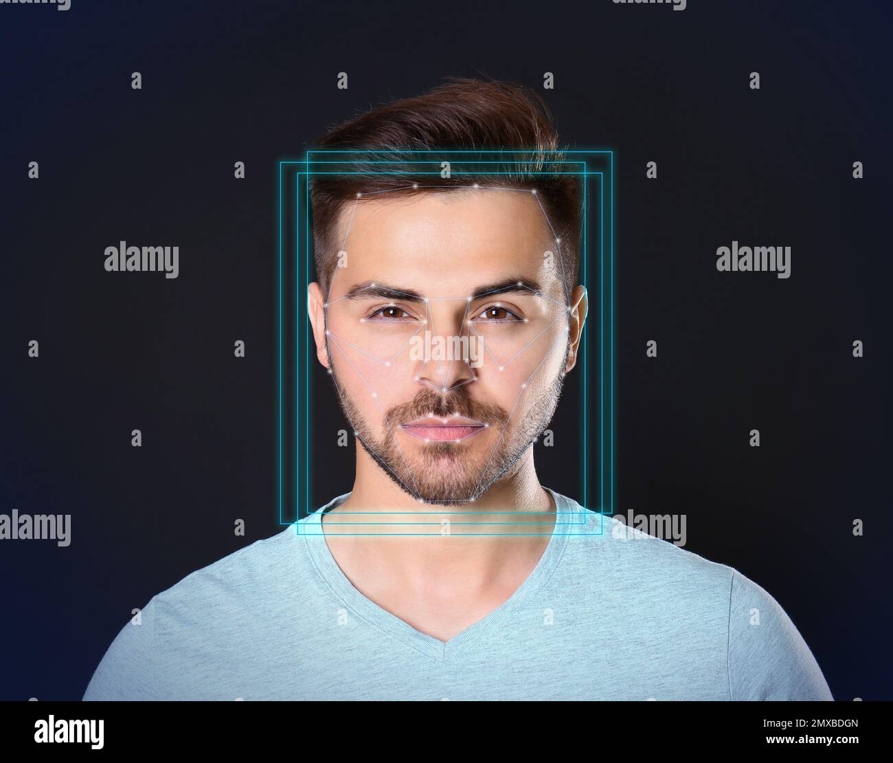 Facial recognition system. Young man with scanner frame and digital ...