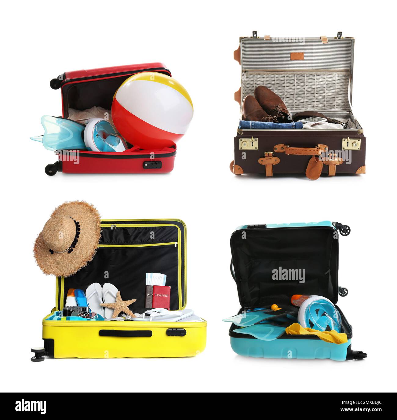 Set of different suitcases packed for travelling on white background ...