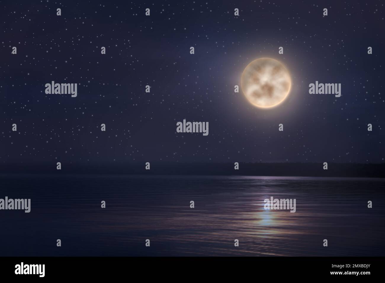 Beautiful seascape with full moon in night sky Stock Photo - Alamy