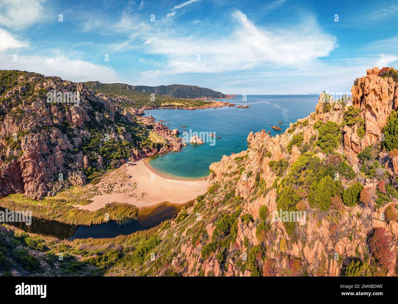 Aerial landscape photography. Sunny morning view from flying drone of ...