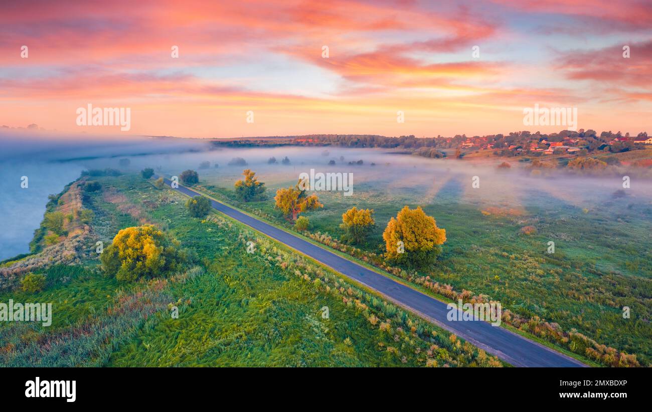 Colorful summer sunrise in Ukrainian countryside. Aerial morning view ...
