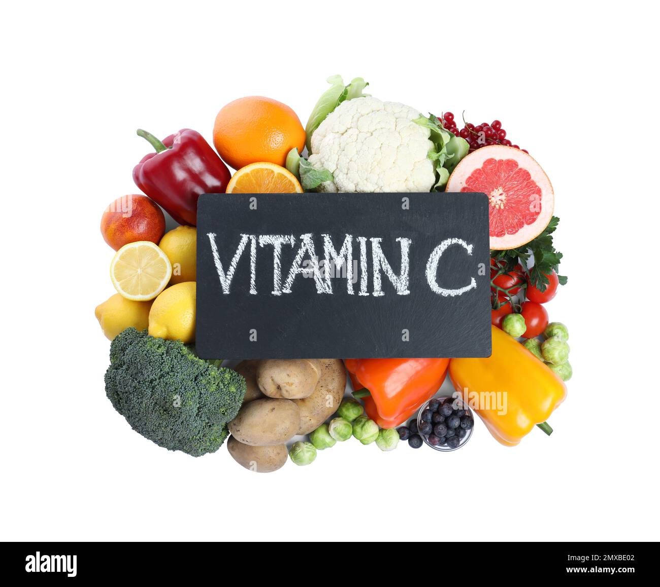 Board with phrase VITAMIN C and fresh products on white background, top ...