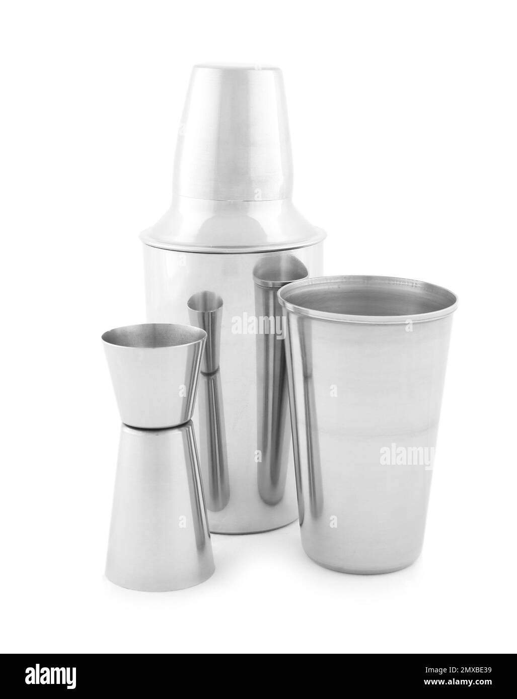 Clean metal bartender equipment on white background Stock Photo - Alamy