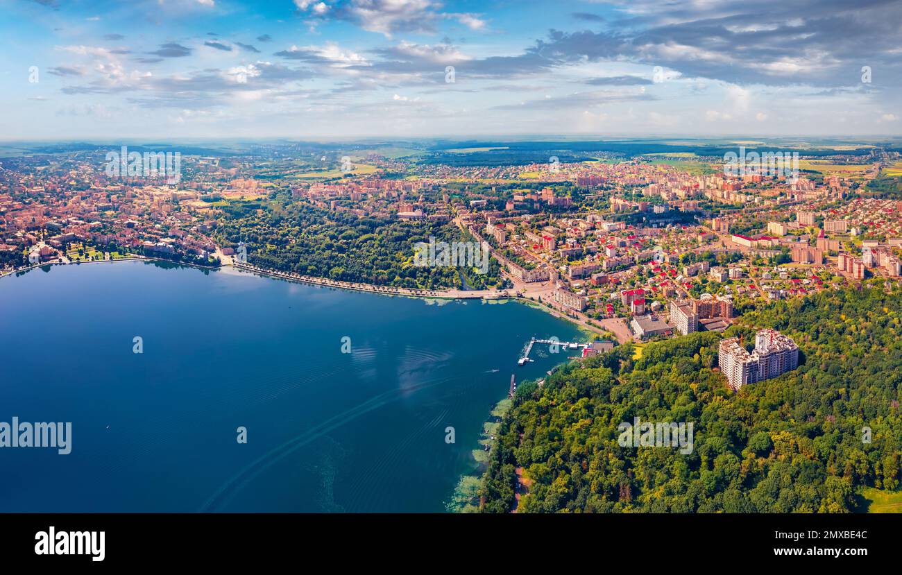 Aerial landscape photography. Splendid summer view of Ternopil town ...