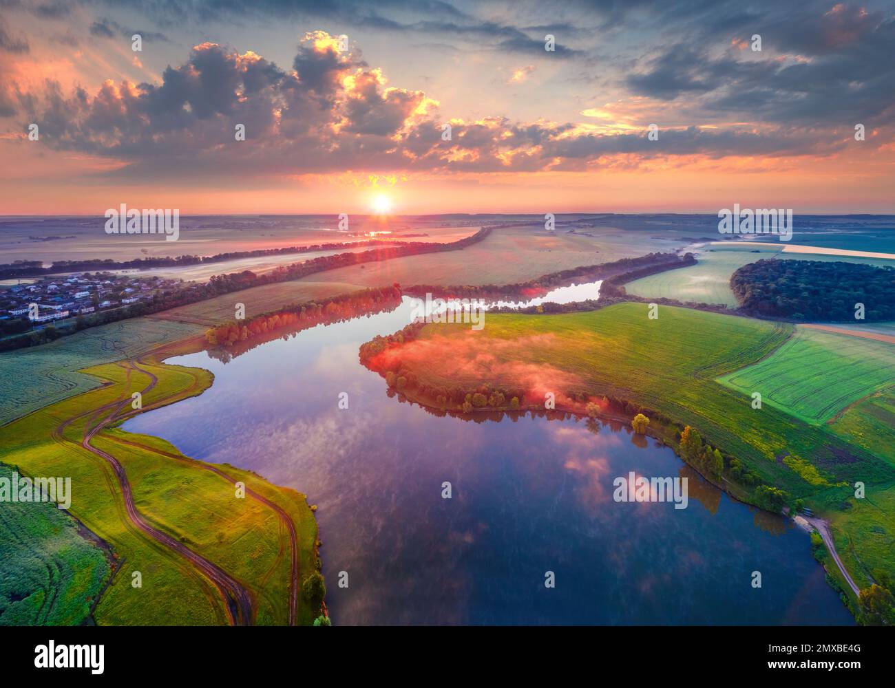 Exciting summer view from flying drone of Romanivka lake. Impressive ...