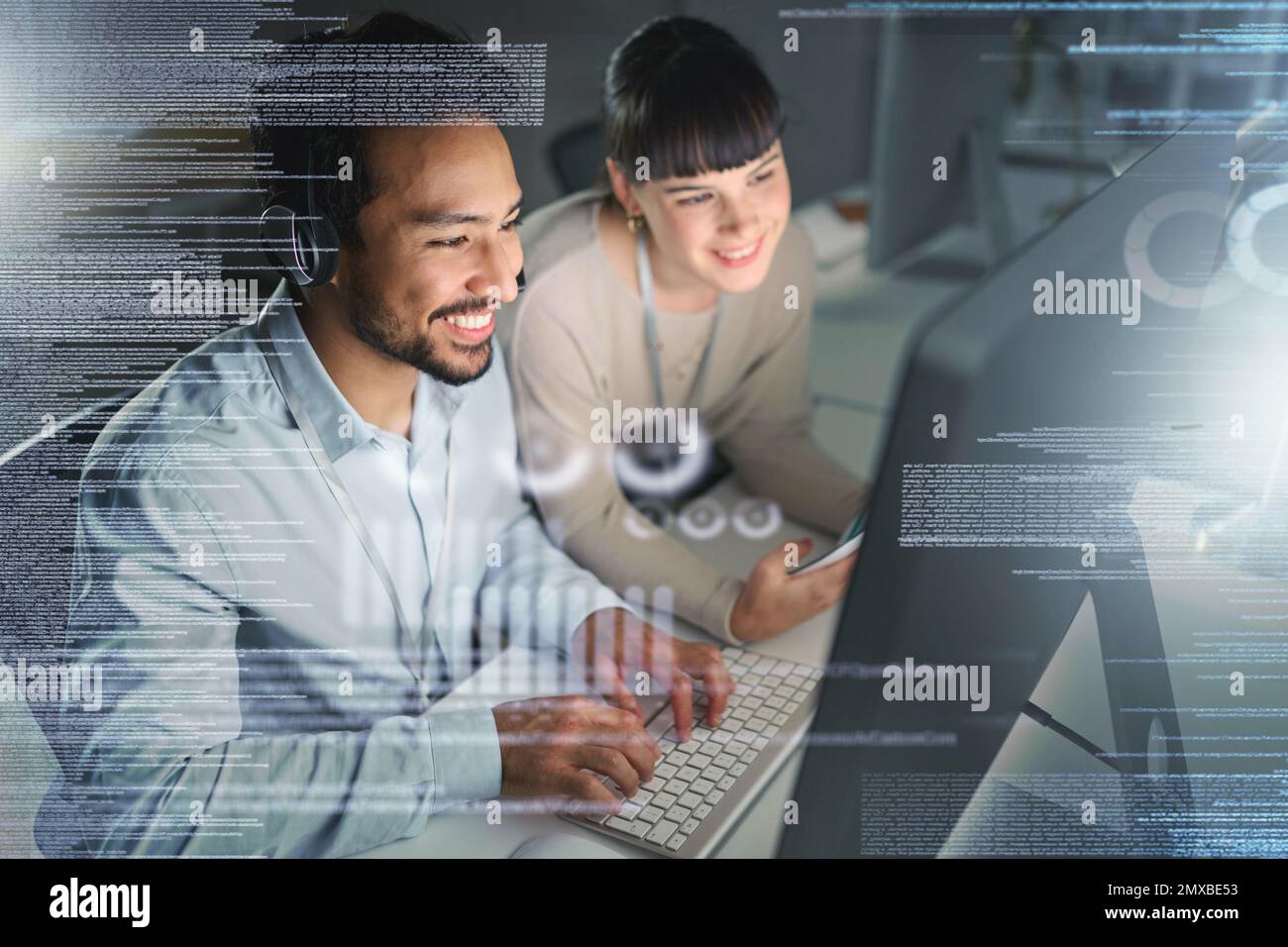 Man, woman and computer in night with overlay, smile and coaching for tech support, data ...