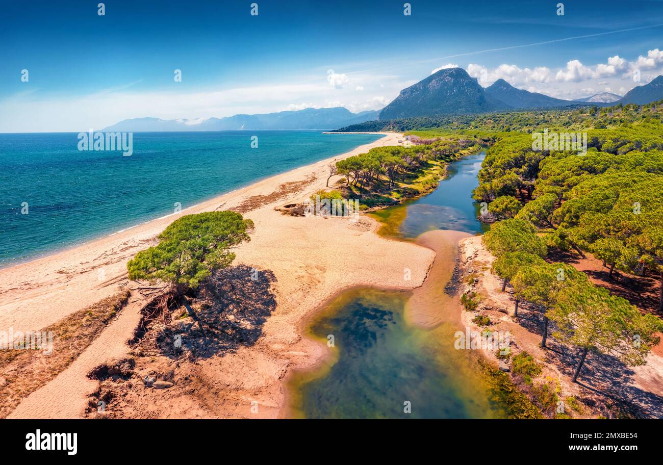 Aerial landscape photography. Sunny morning view from flying drone of ...