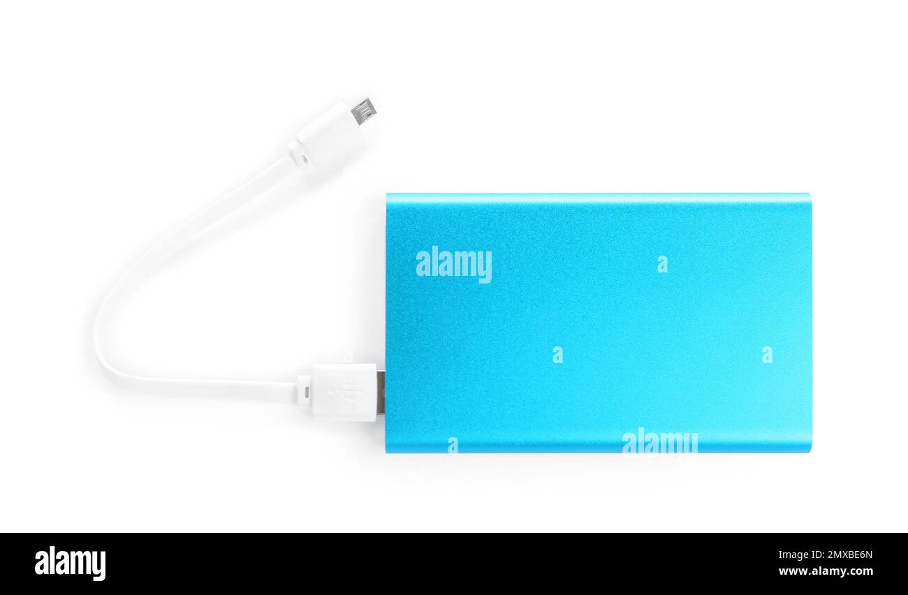 Modern external portable charger with cable isolated on white, top view ...