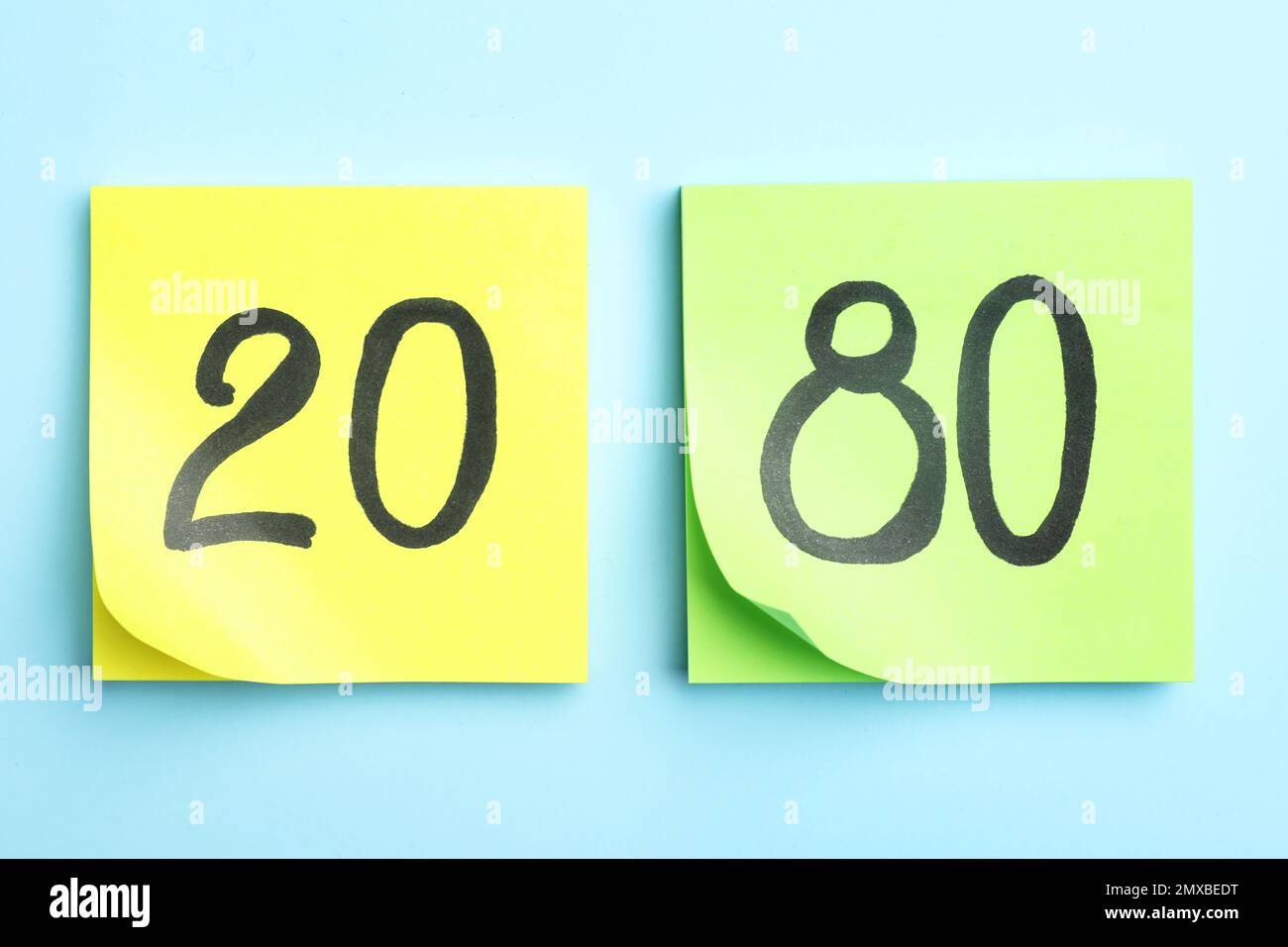 Sticky notes with numbers 20 and 80 on light blue background, flat lay ...