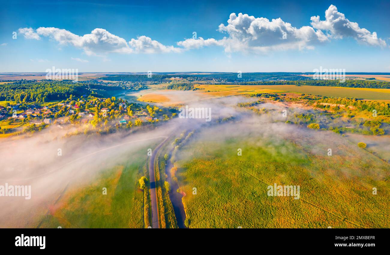 Aerial landscape photography. Colorful summer view from flying drone of ...