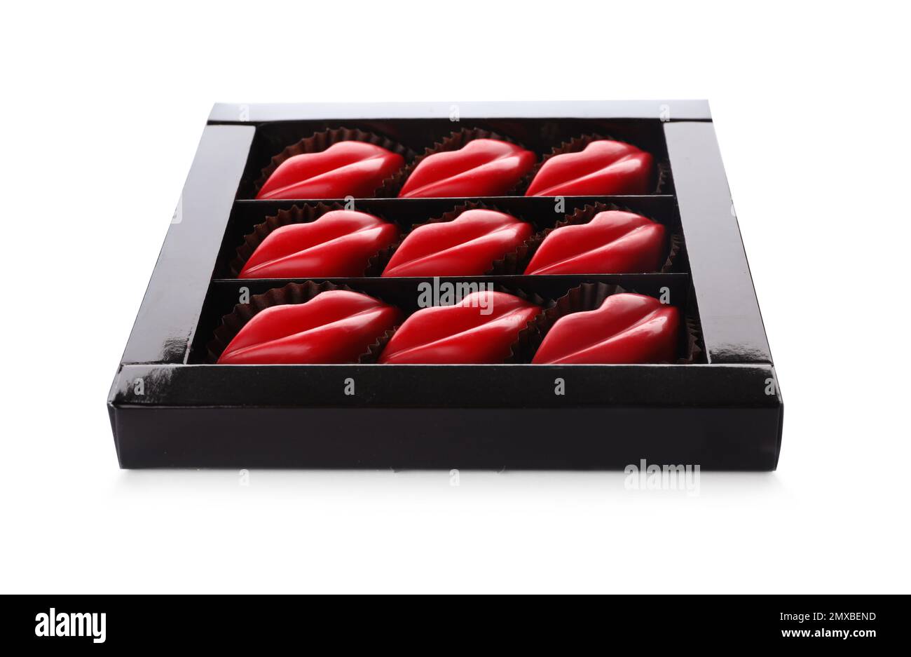 Box with tasty lip shaped chocolate candies isolated on white Stock ...