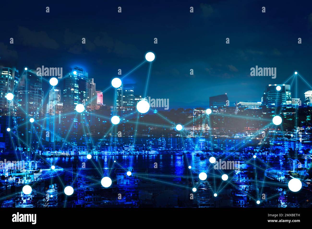 Beautiful cityscape and network connection lines Stock Photo - Alamy