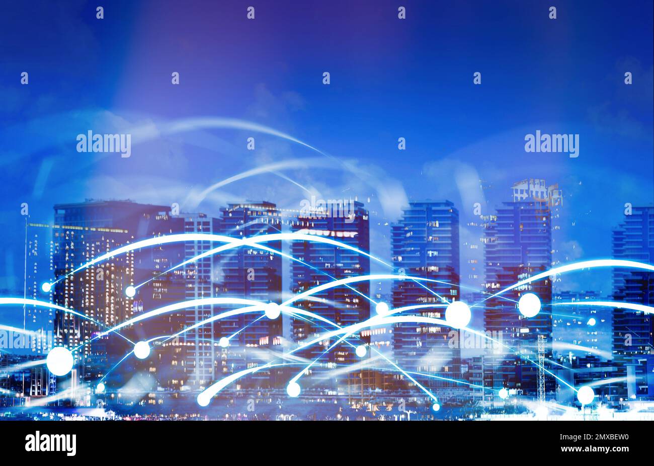 Beautiful cityscape and network connection lines Stock Photo - Alamy
