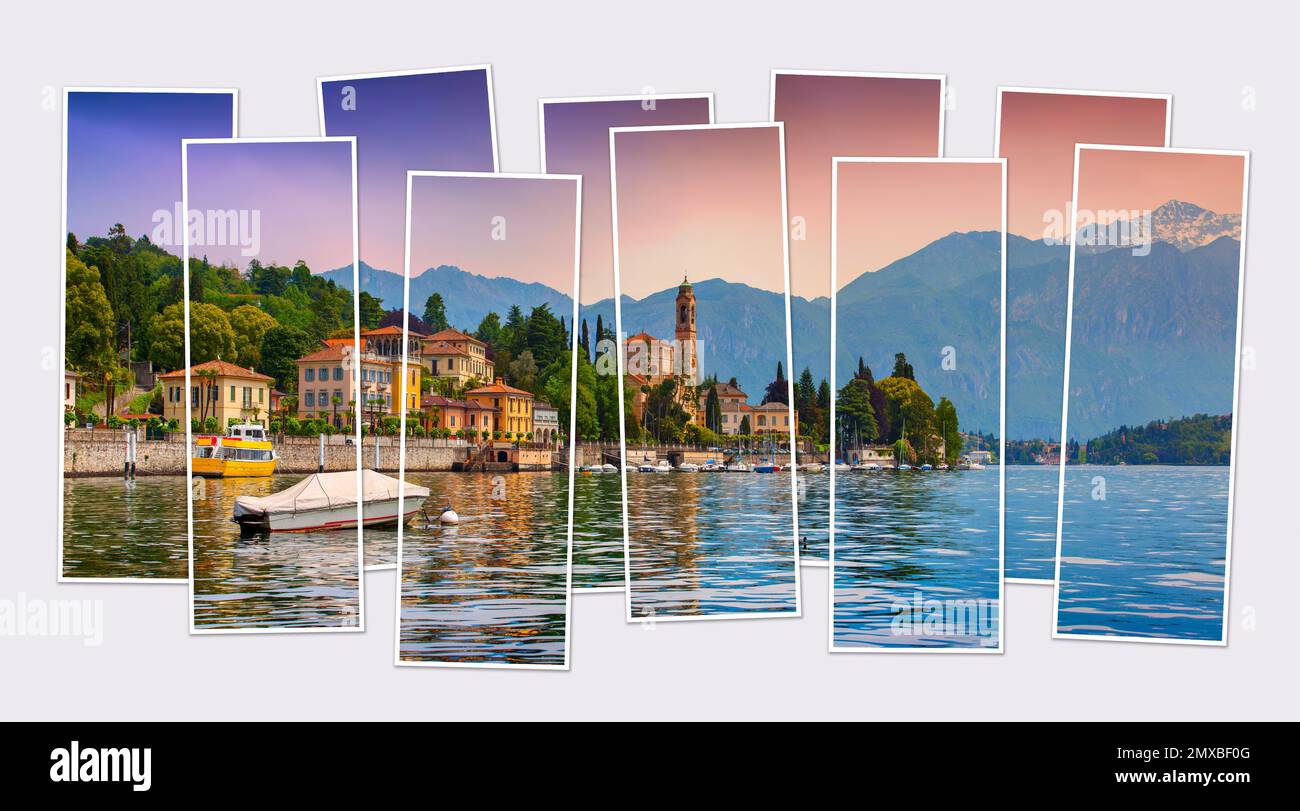 Isolated ten frames collage of picture of Mezzegra city, Tremezzo ...
