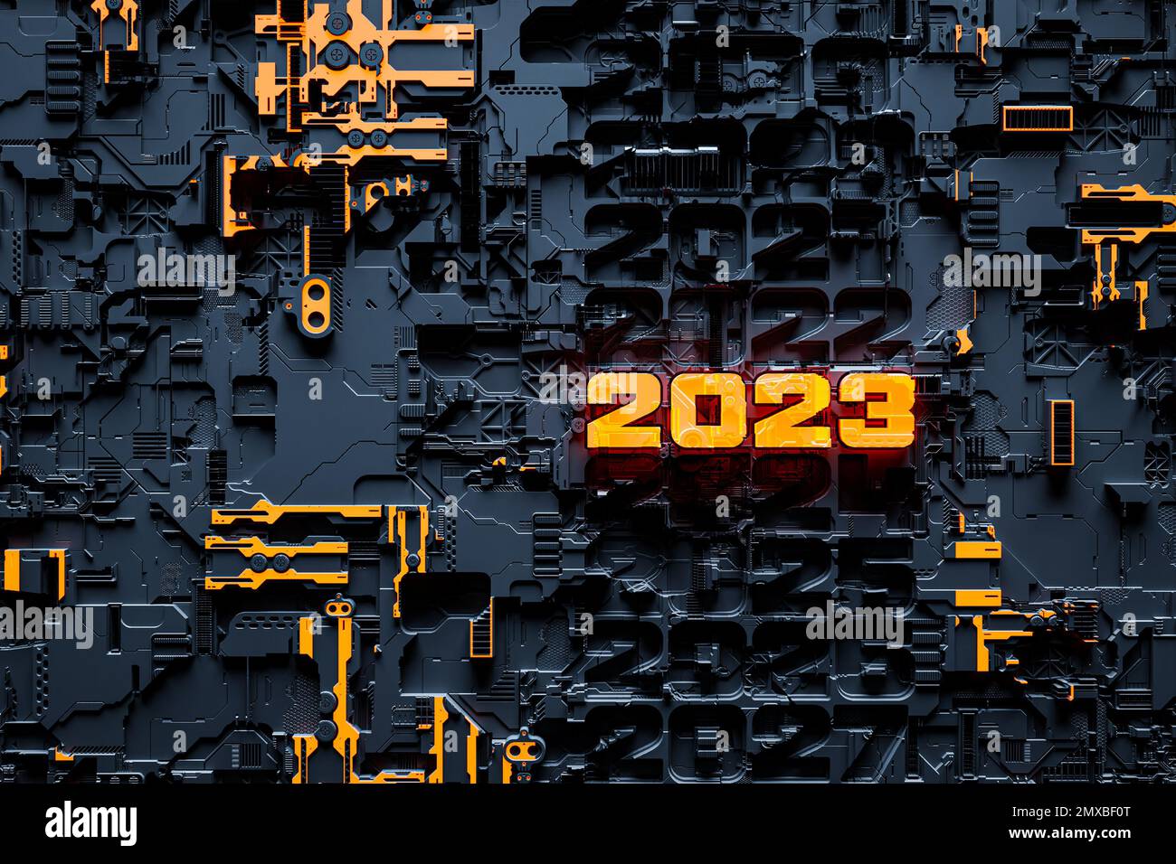 3d illustration Futuristic tech postcard with the year 2023 on the ...