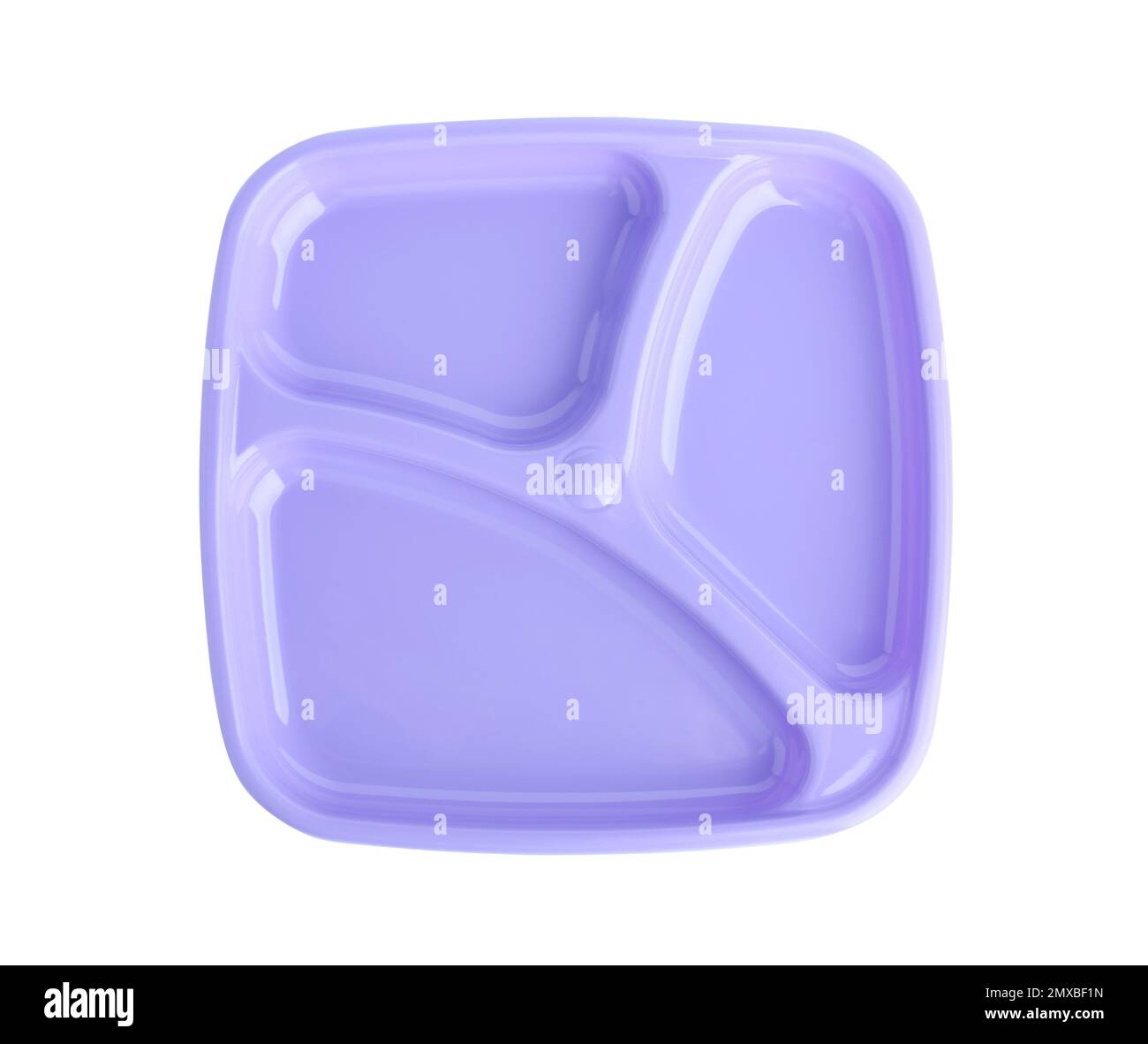Violet plastic section plate isolated on white, top view. Serving baby ...