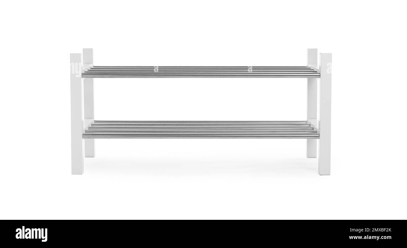 Empty wooden shoe shelf isolated on white Stock Photo - Alamy