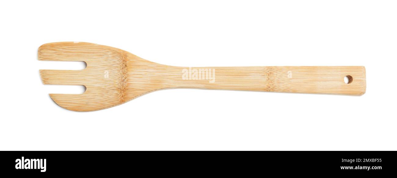 Wooden fork isolated on white, top view. Cooking utensil Stock Photo ...