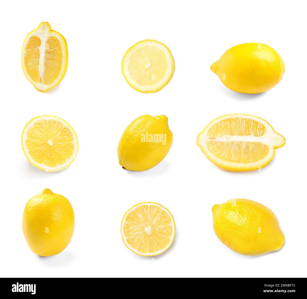 Set of delicious lemons on white background, top view Stock Photo - Alamy