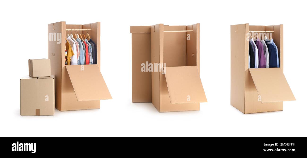 Set of cardboard wardrobe boxes on white background Stock Photo - Alamy