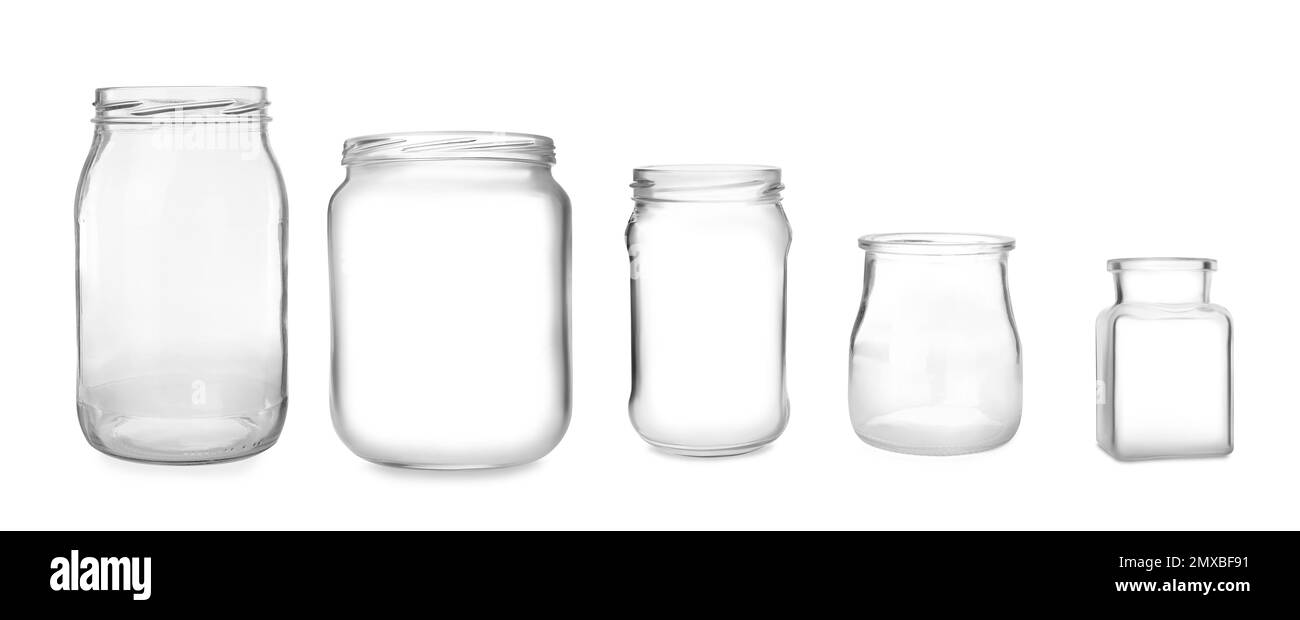 Set with open empty glass jars on white background. Banner design Stock ...