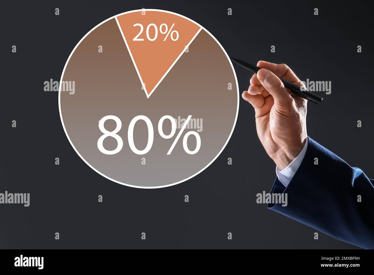 Pareto principle concept. Man drawing chart with 80/20 rule ...