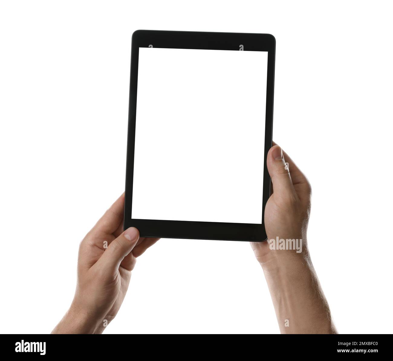 Man holding tablet computer with blank screen on white background ...
