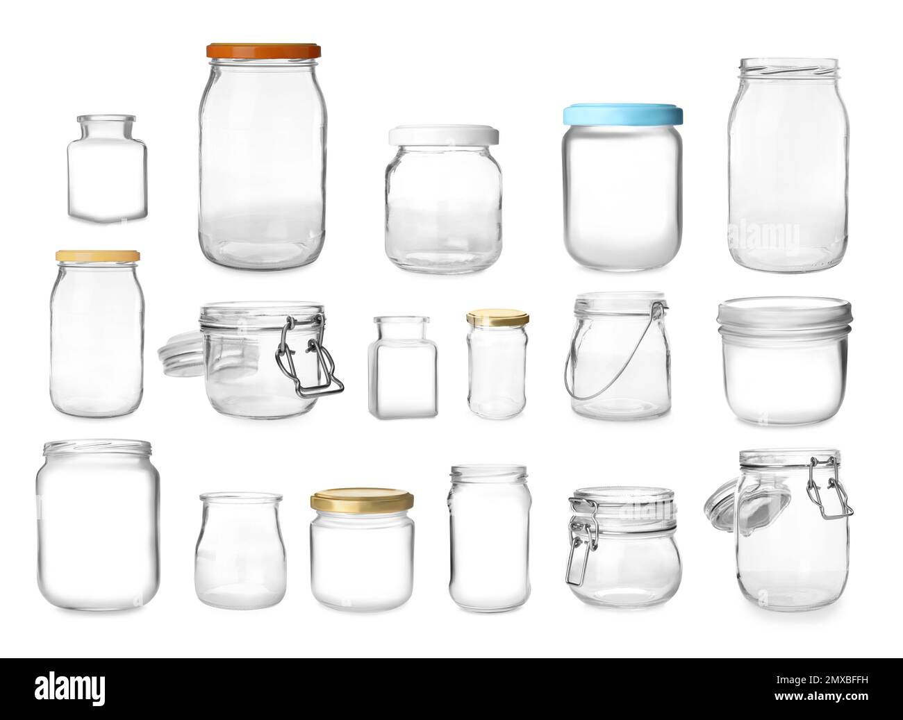Set with different empty glass jars on white background Stock Photo - Alamy
