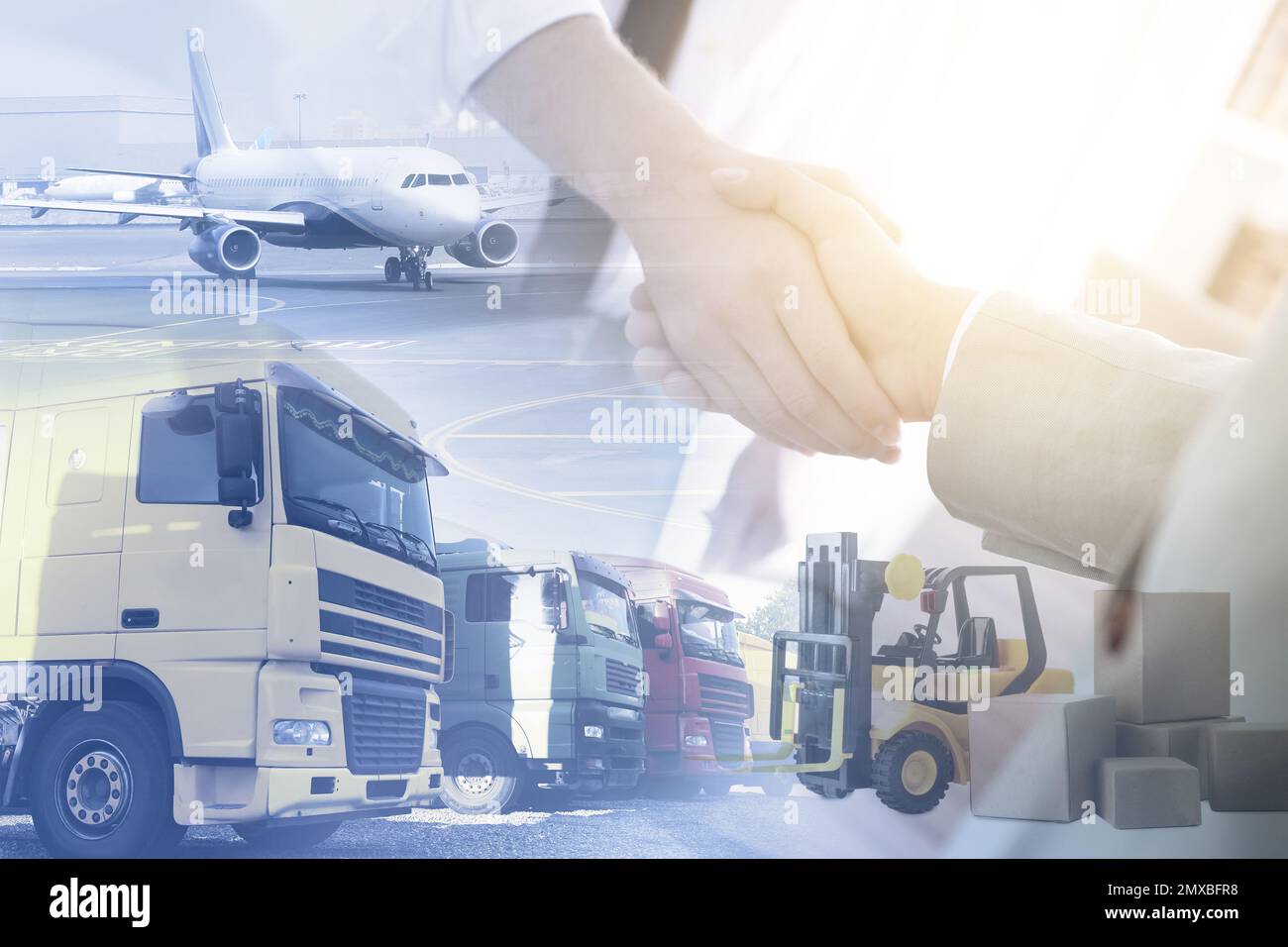 Multiple exposure of business partners shaking hands and different ...