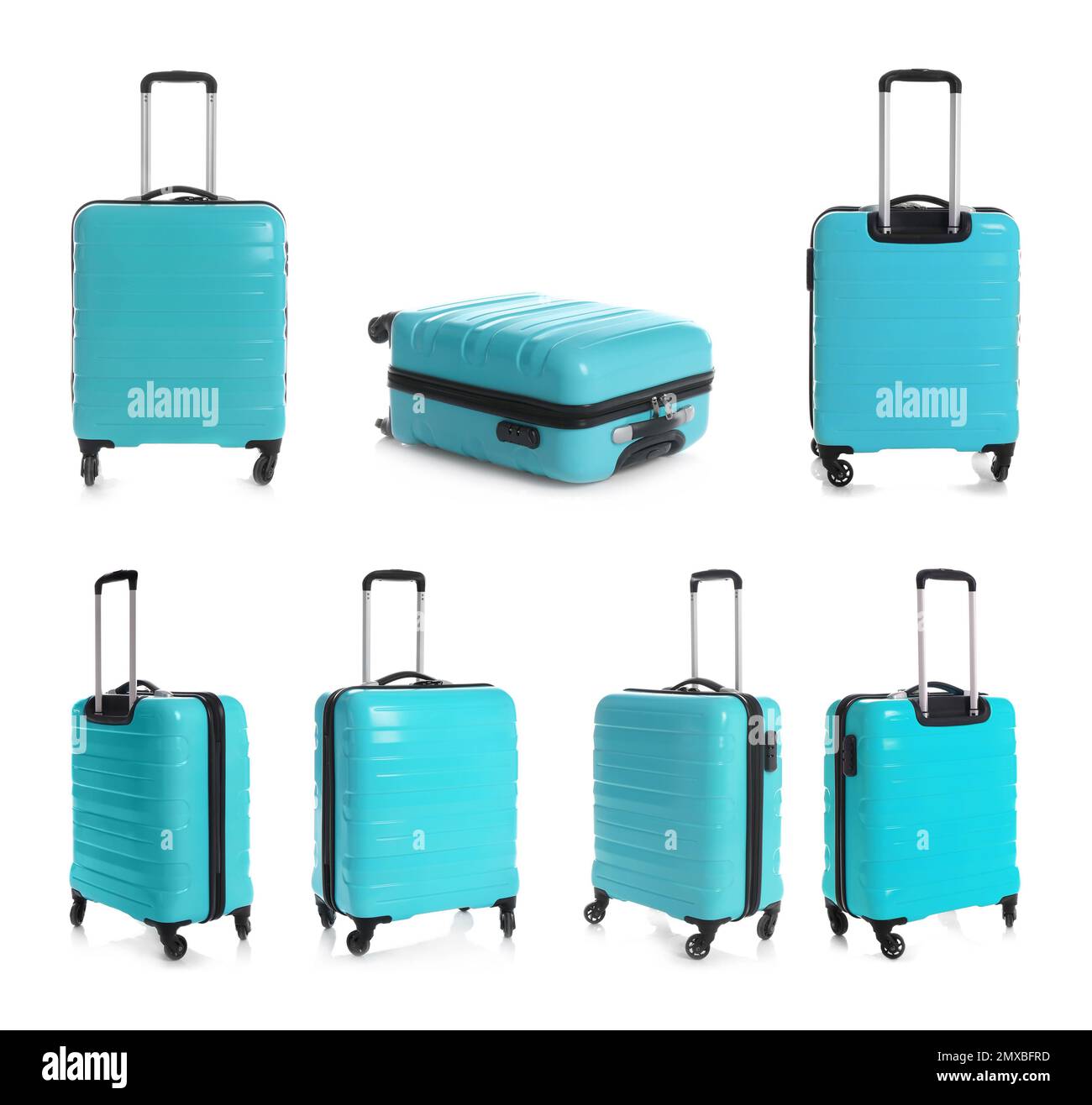 Set of light blue suitcases on white background Stock Photo - Alamy