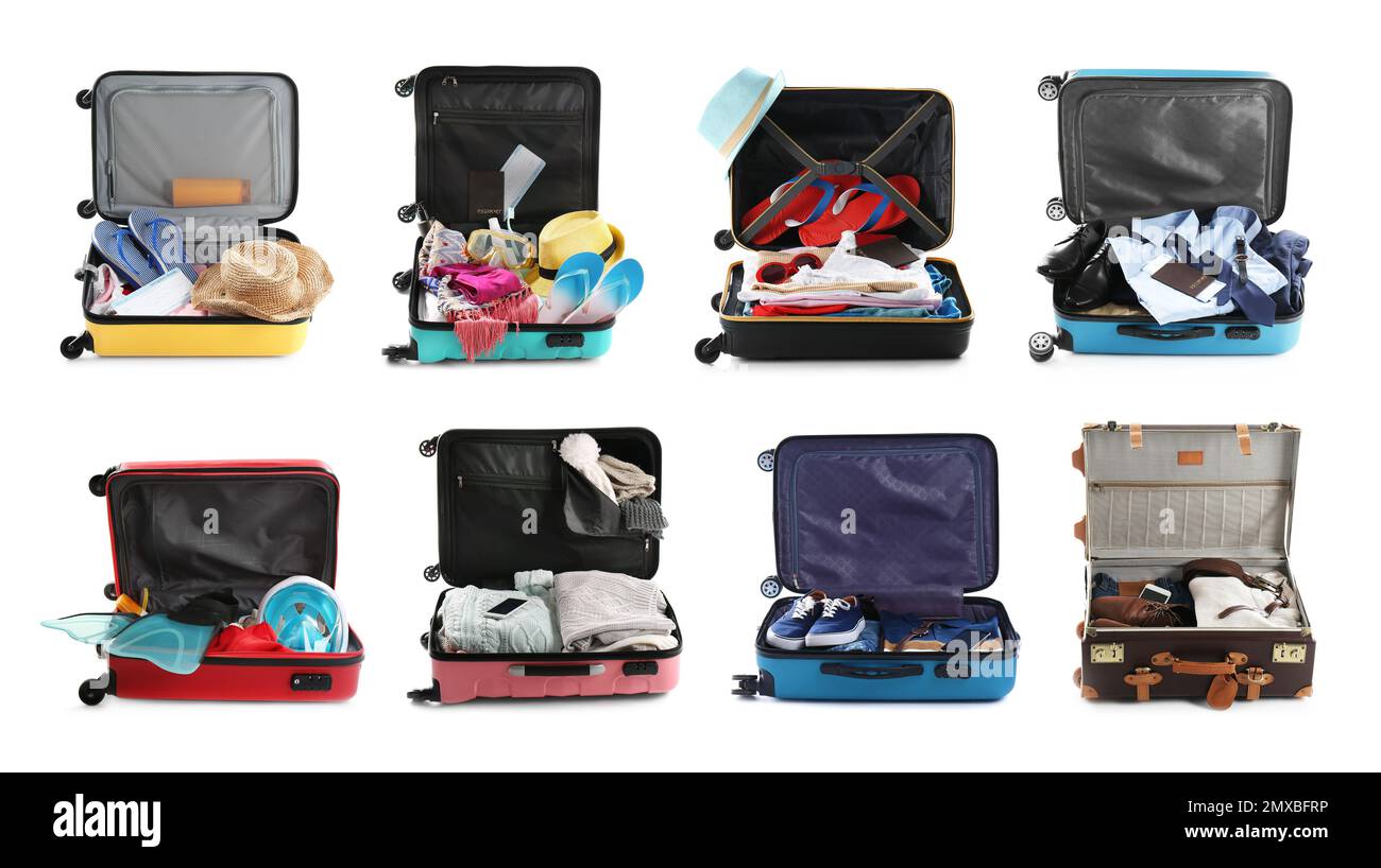 Set of different suitcases packed for travelling on white background ...