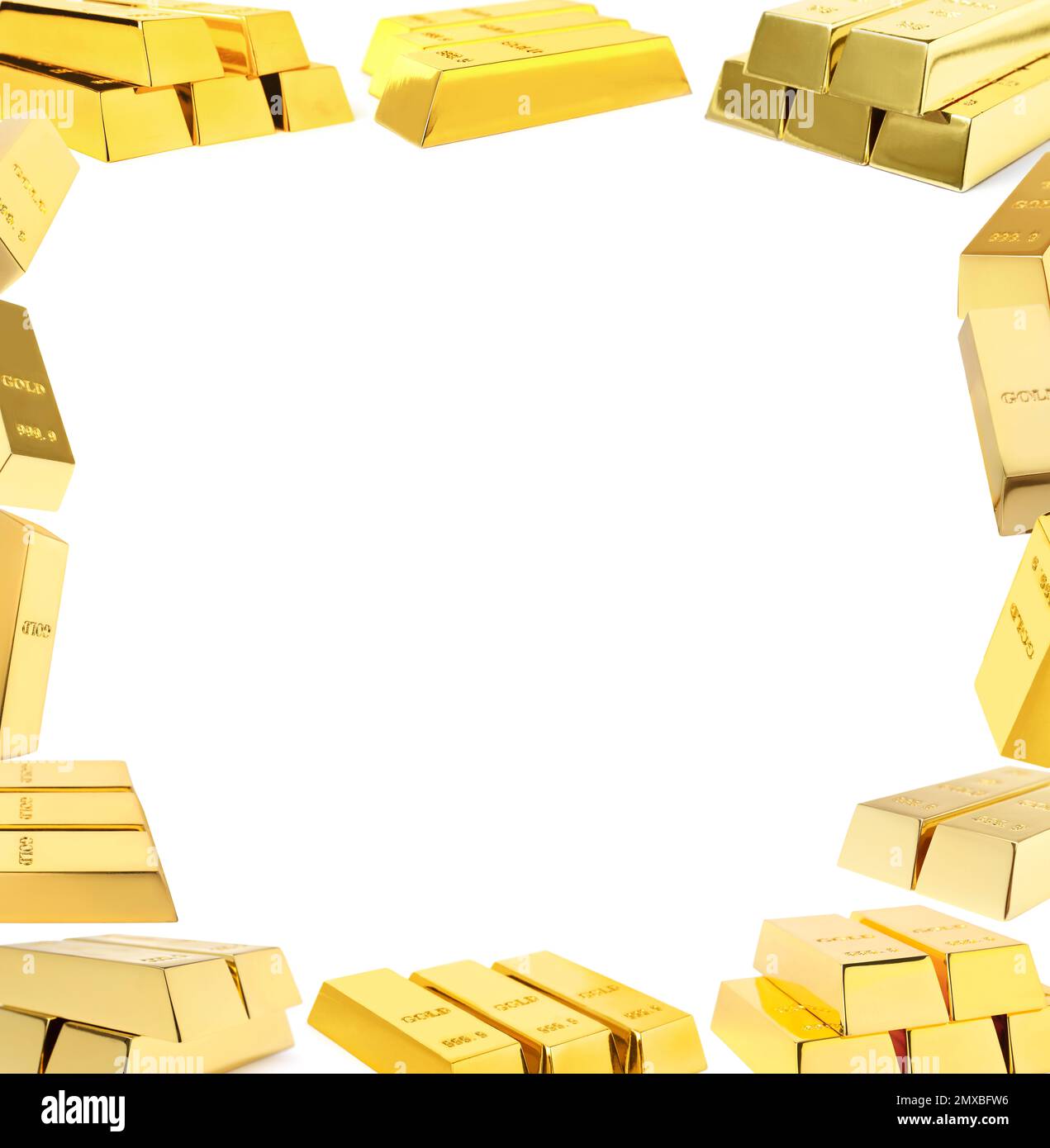 Frame made of shiny gold bars on white background. Space for text Stock ...