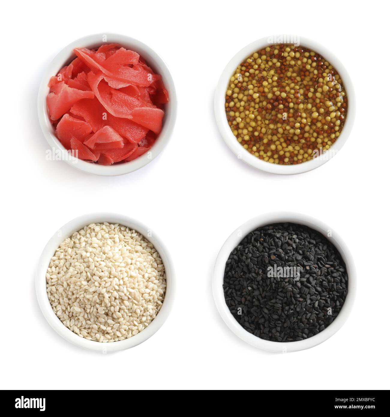 Set of different delicious sauce and condiments on white background ...