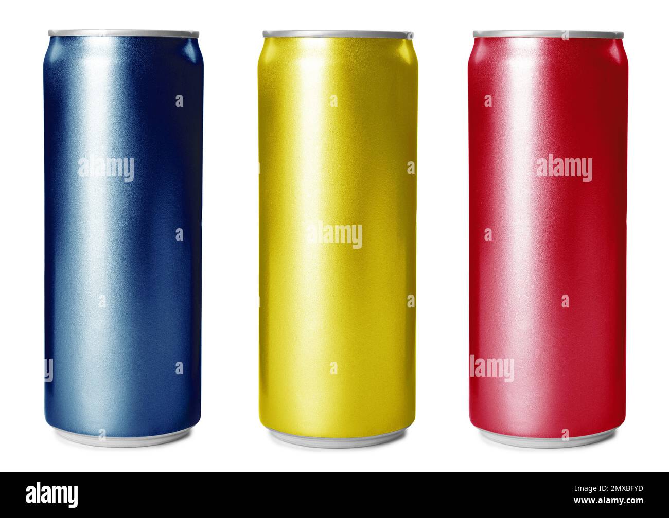 Set with aluminium drink cans in different colors on white background ...
