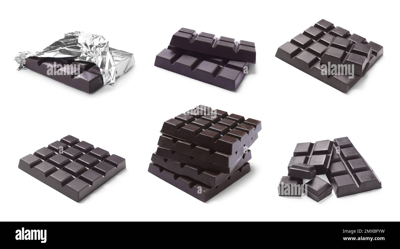 Set with delicious chocolate bars on white background Stock Photo - Alamy