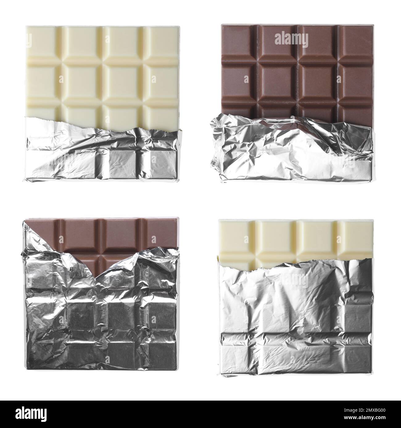 Set with delicious chocolate bars on white background, top view Stock ...