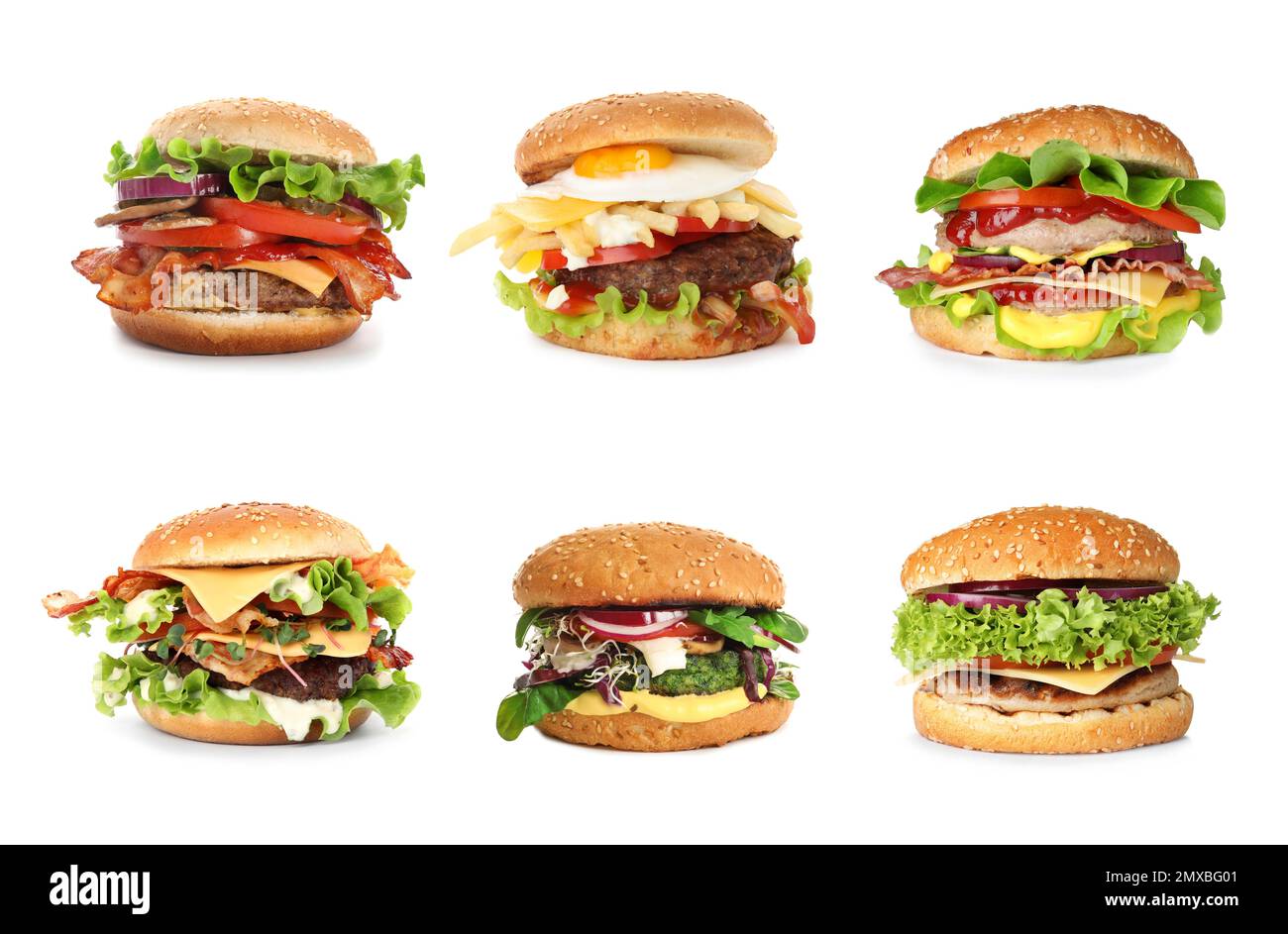 Set of different delicious burgers on white background Stock Photo - Alamy