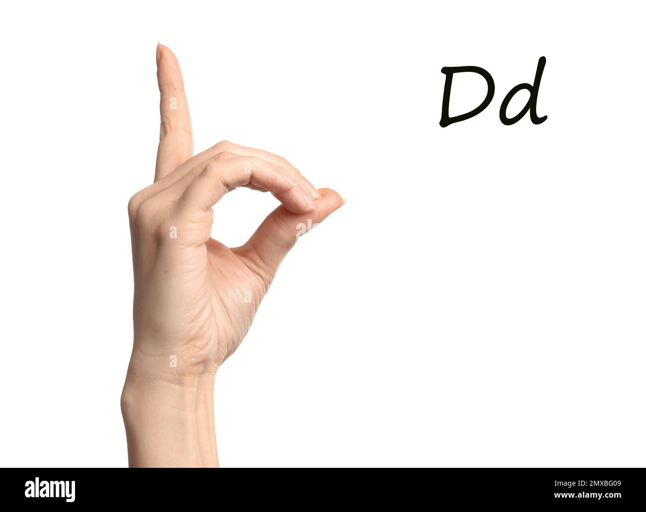 Woman showing letter D on white background, closeup. Sign language ...