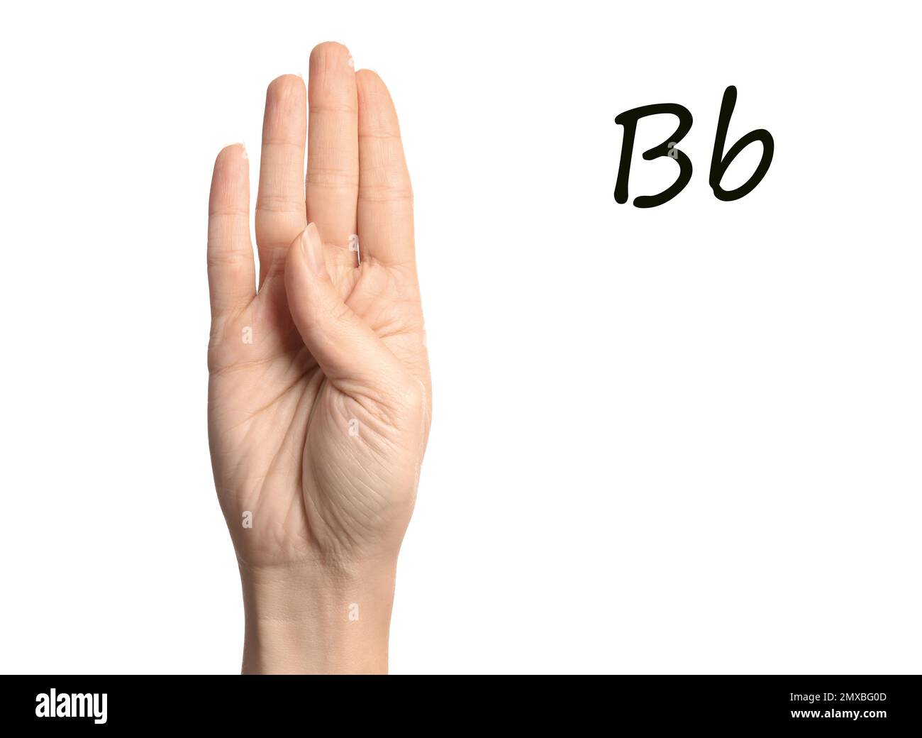 Woman showing letter B on white background, closeup. Sign language ...