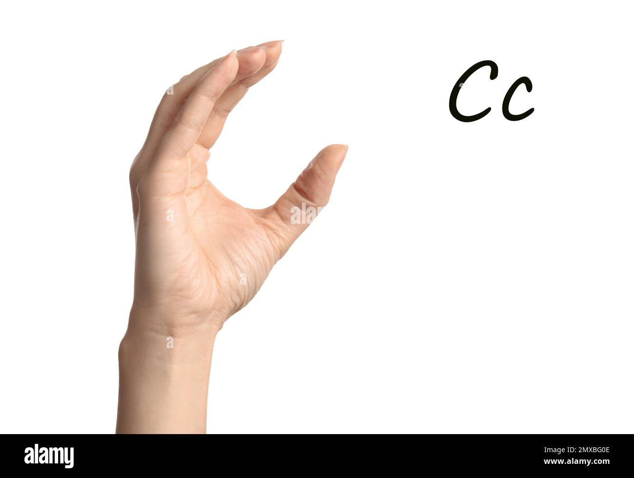 Woman showing letter C on white background, closeup. Sign language ...