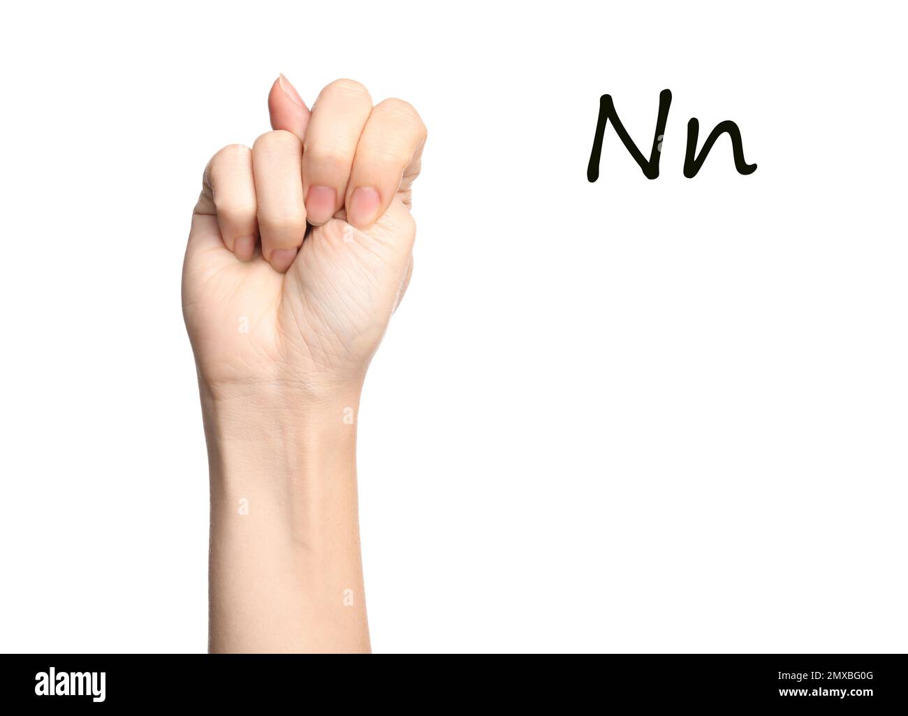 Woman showing letter N on white background, closeup. Sign language ...